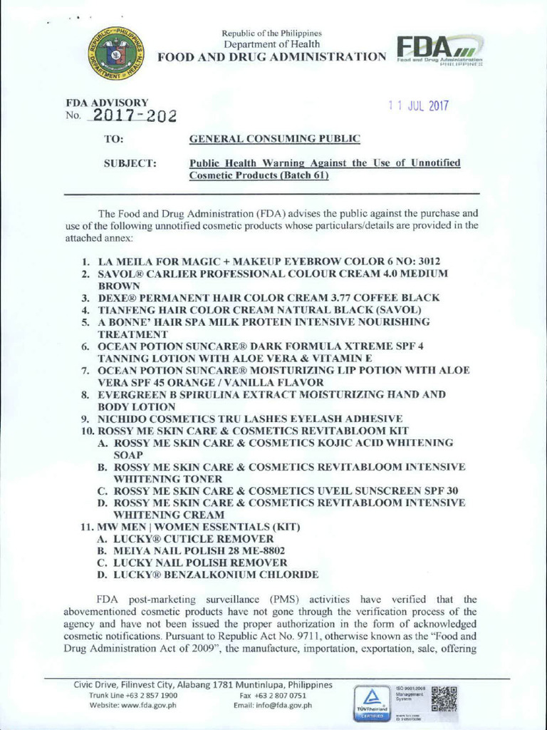 FDA Advisory No. 2017 202 | PDF