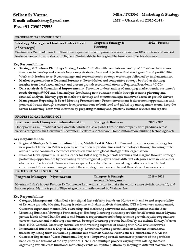 CV - Srikanth Varma | PDF | Strategic Management | Marketing