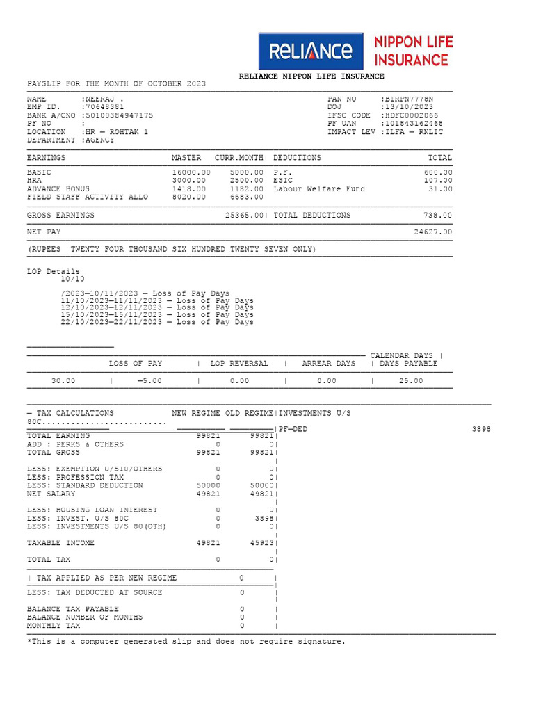 Reliance Nippon Life Insurance Payslip | PDF | Tax Deduction | Money