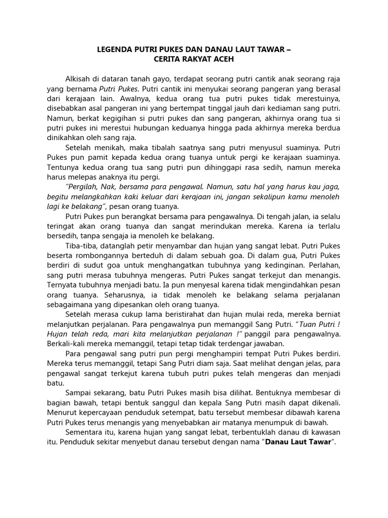 Legenda Putri Pukes Dan Danau Laut Tawar | PDF