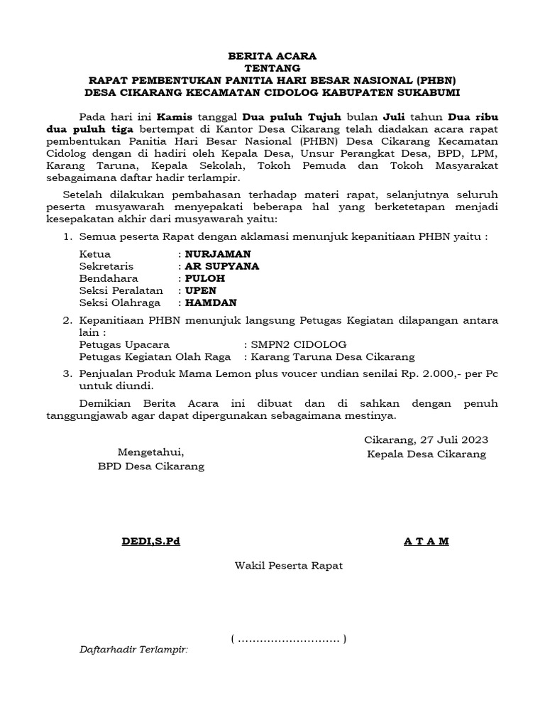 Berita Acara Pembentukan Panitia PHBN | PDF | Griya & Taman