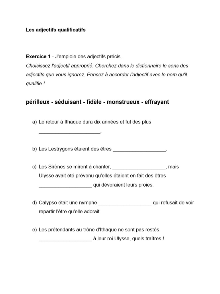 Exercices sur les adjectifs qualificatifs | PDF