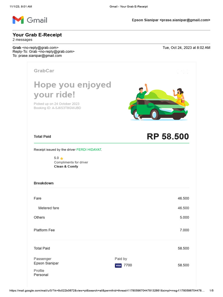 Gmail - Your Grab E-Receipt Rumah-Halim | PDF