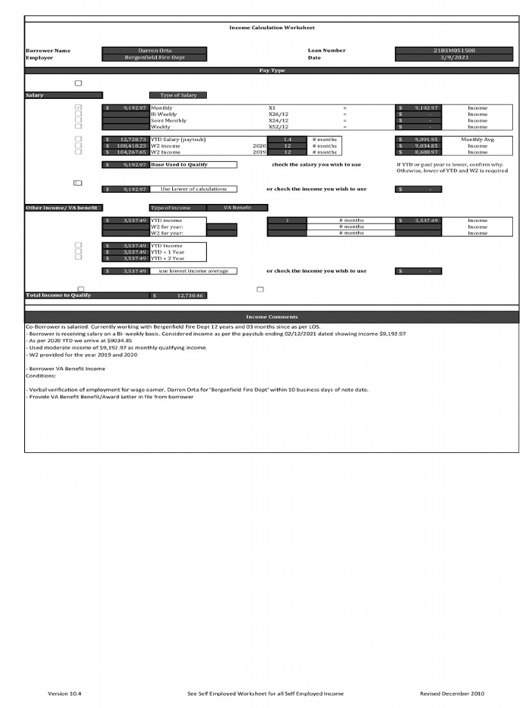 Income - Calculation Worksheet - Borrower | PDF