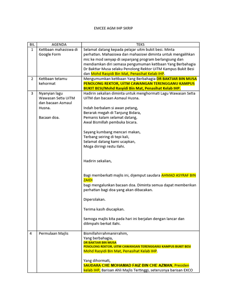Skrip Emcee Agm Ihp 2020 | PDF