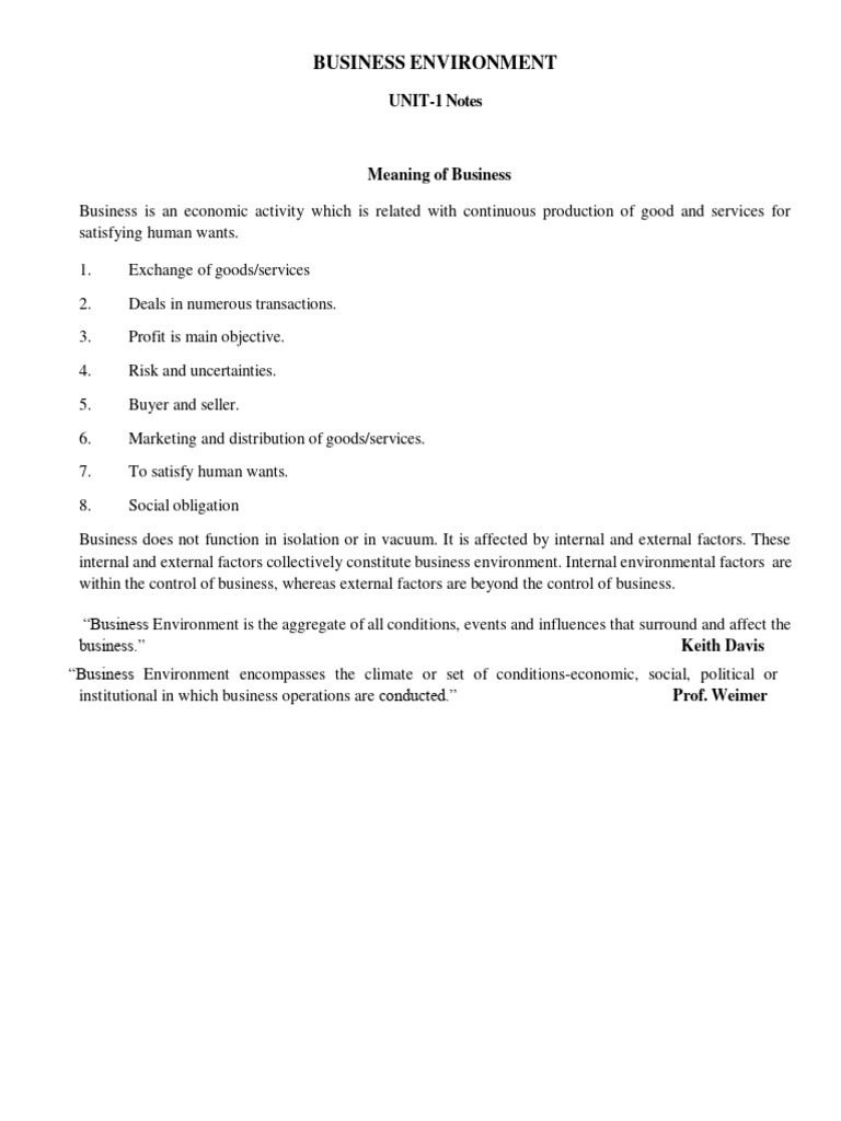 BUSINESS ENVIRONMENT Unit - 1 Notes | PDF | Capitalism | Socialism