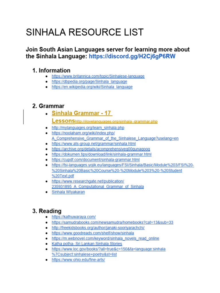 Sinhala Resource List | PDF | Languages | Foreign Language Studies