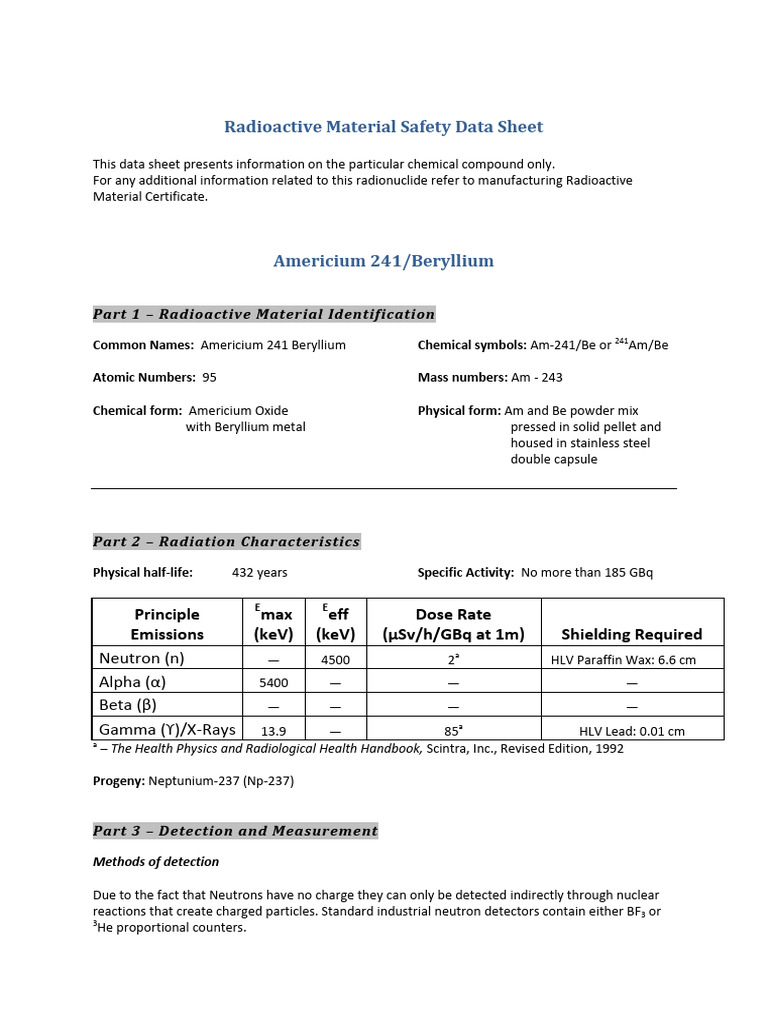 Am241Be Material Safety Data Sheet | PDF | Radioactive Decay | Neutron