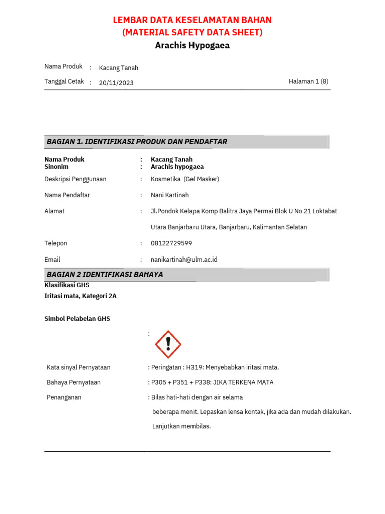 LEMBAR DATA KESELAMATAN BAHAN (MATERIAL SAFETY DATA SHEET) Arachis Hypogaea - 20231123 - 224017 ...