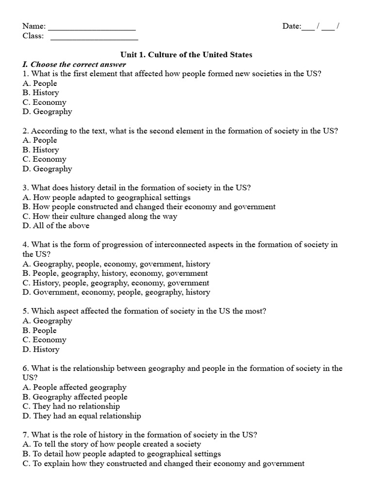 I. Choose The Correct Answer: Unit 1. Culture of The United States ...