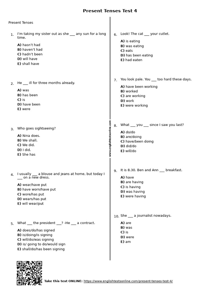 Present Tenses Multiple Choice Test | PDF | Language Arts & Discipline