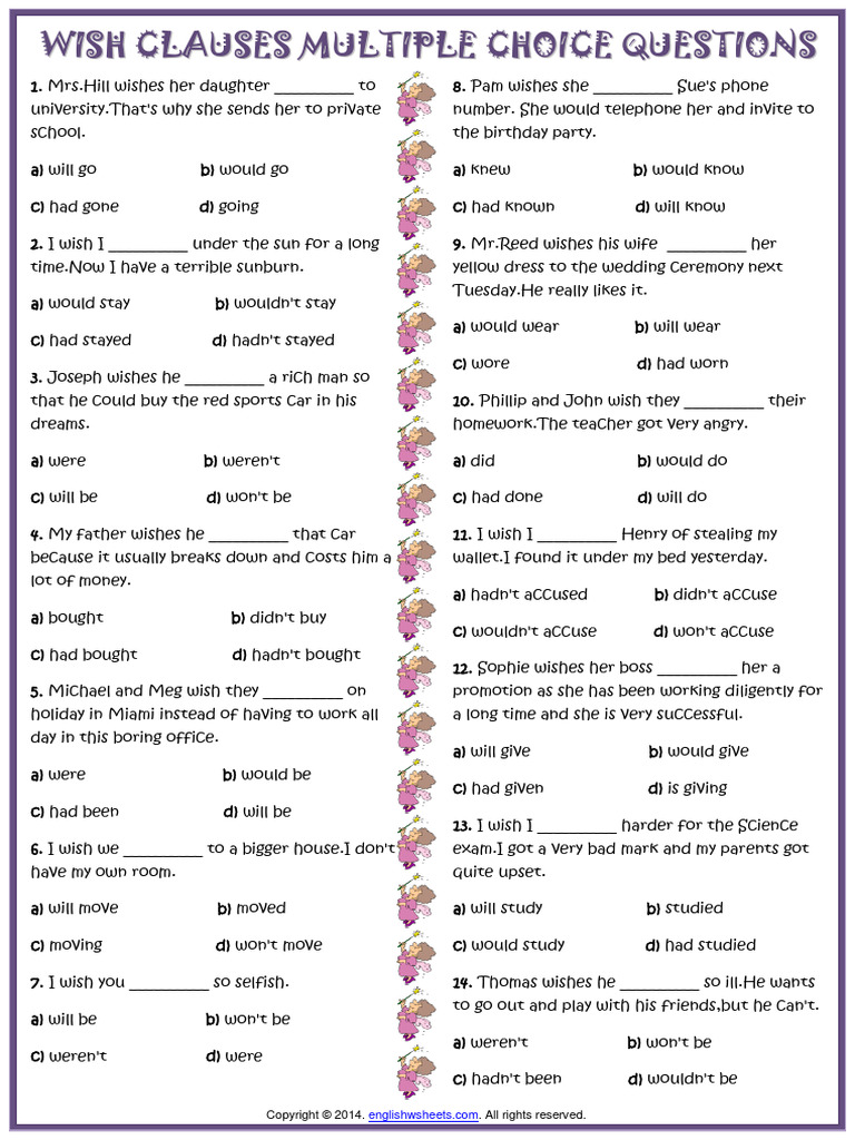 Wish Clauses Multiple Choice Esl Grammar Worksheet | PDF