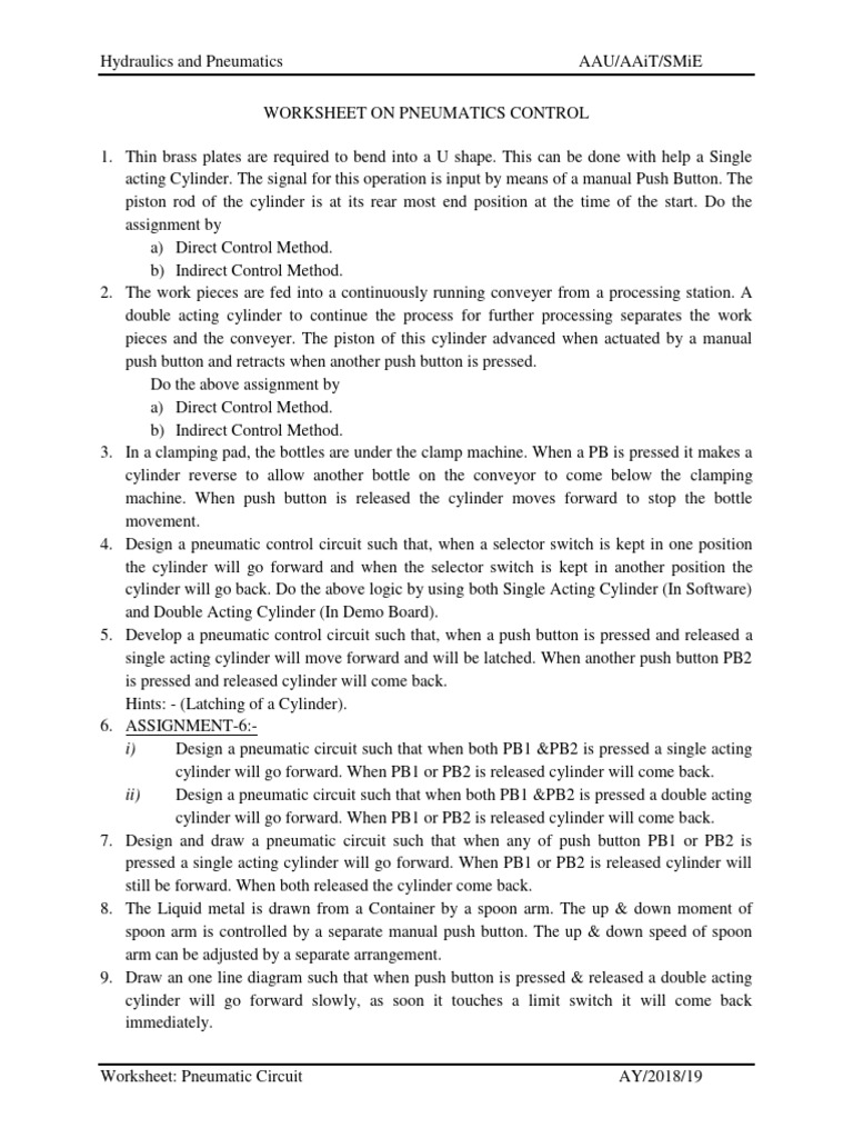 Worksheet On Pneumatic Circuit | PDF | Valve | Tools