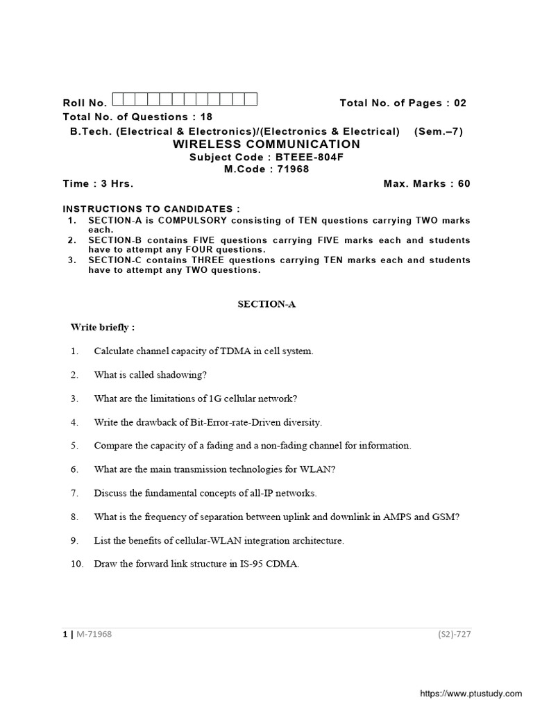 Btech Ee Eee 7 Sem Wireless Communication 71968 Jan 2021 | PDF ...