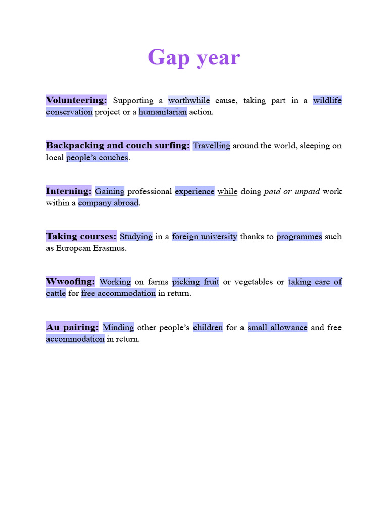 Gap Year - Vocabulary | PDF