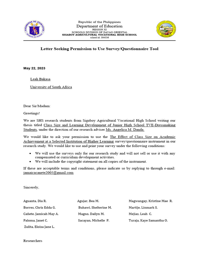 Letter Seeking Permission To Use The Questionnaire Tool | PDF
