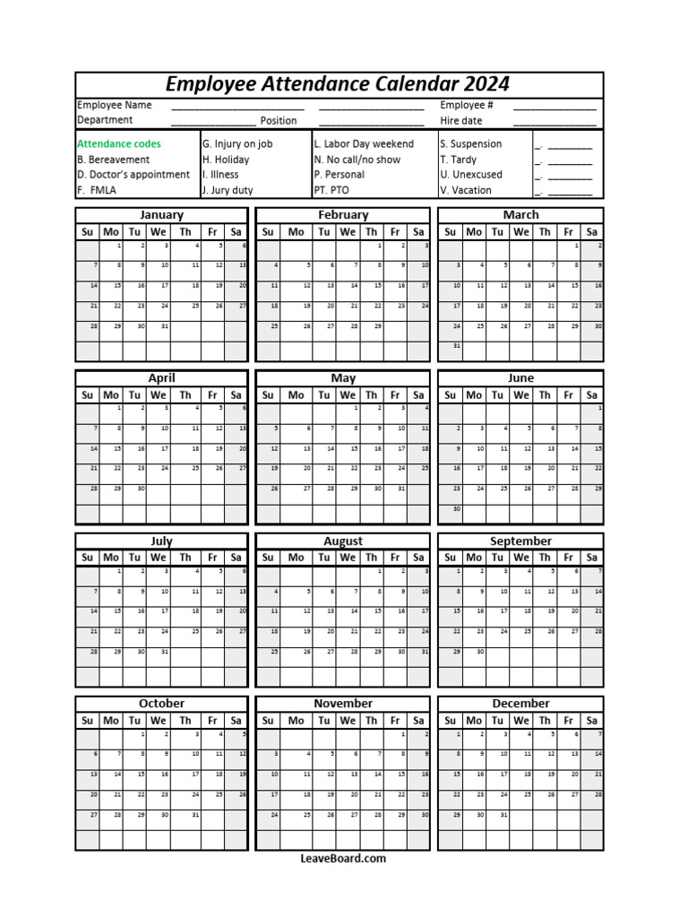 2024 Employee Attendance Calendar | PDF | Labor