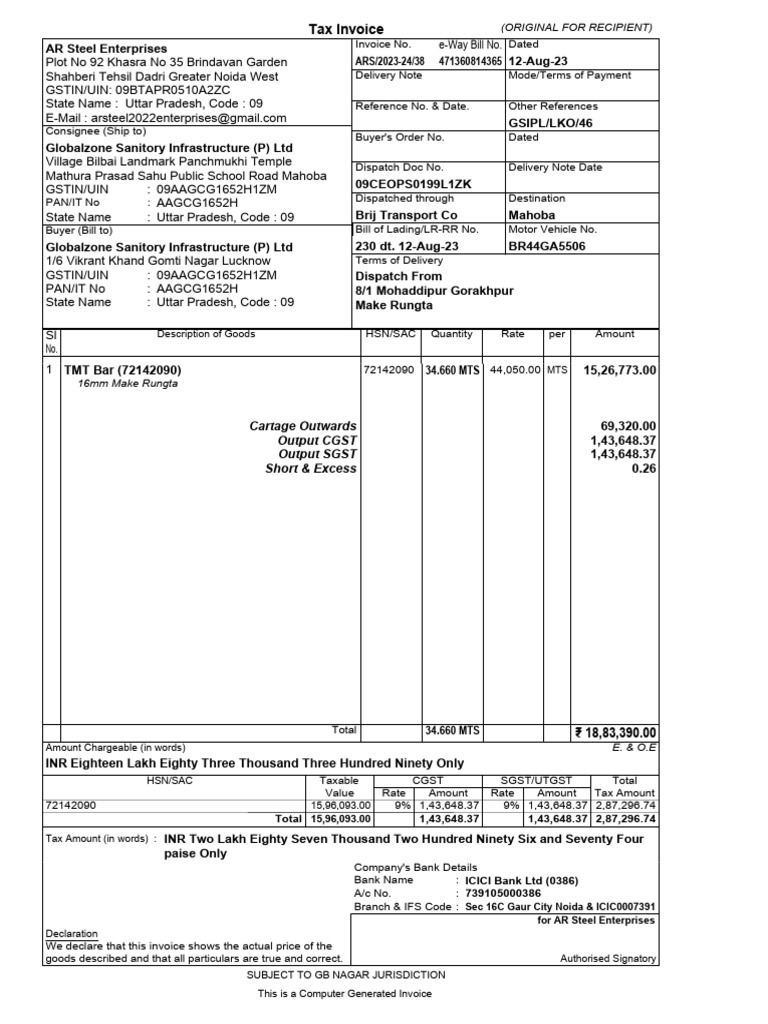 ARS-2023-24-38 With Eway | PDF | Taxes | Invoice