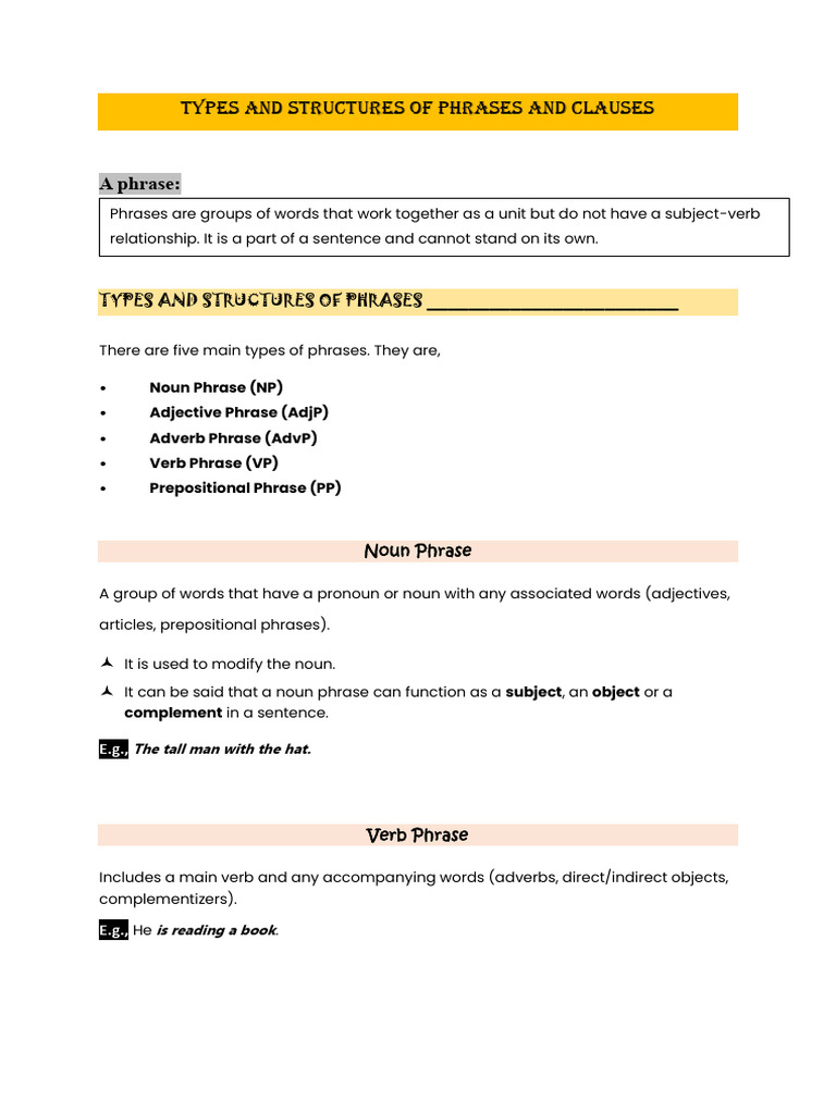 Types and Structures of Phrases and Clauses | PDF | Clause | Verb
