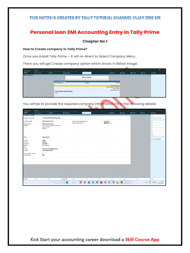 Personal Loan EMI Accounting Entry in Tally Prime | PDF | Banks | Debits And Credits
