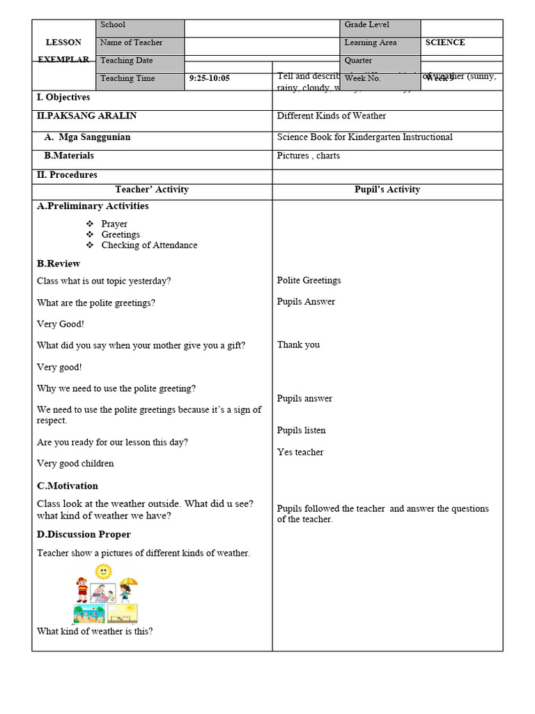 LESSON PLAN - Kinds of Weather | PDF | Teachers | Lesson Plan