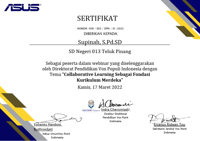 Sertifikat Collaborative Learning Erlis, S. PD | PDF