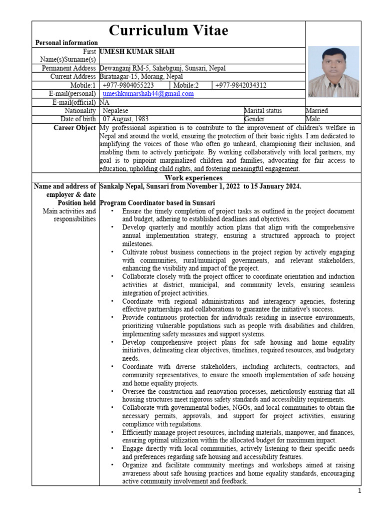 CV of Umesh Kumar Shah Updated - 2024 | PDF | Wash | Capacity Building CV of Umesh Kumar Shah Updated - 2024 | PDF | Wash | Capacity Building