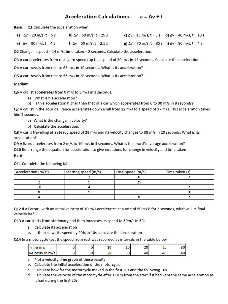 Acceleration Calculation Exercises | PDF | Speed | Acceleration