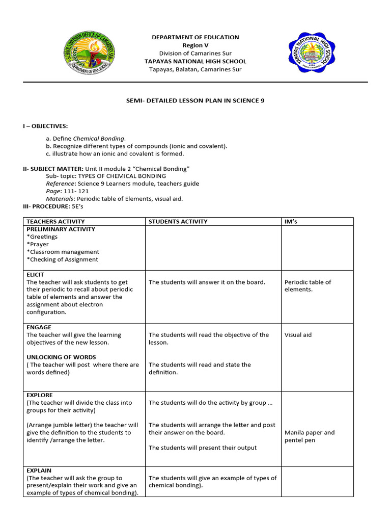 Chemical Bonding Semi Detailed Lesson P (Lan | PDF | Language Arts ...
