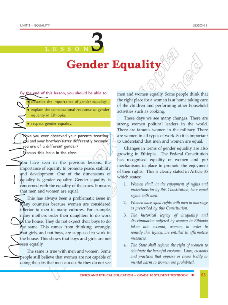 Gender Equality Excerpt From Grade 10 Civics | PDF | Gender | Gender ...