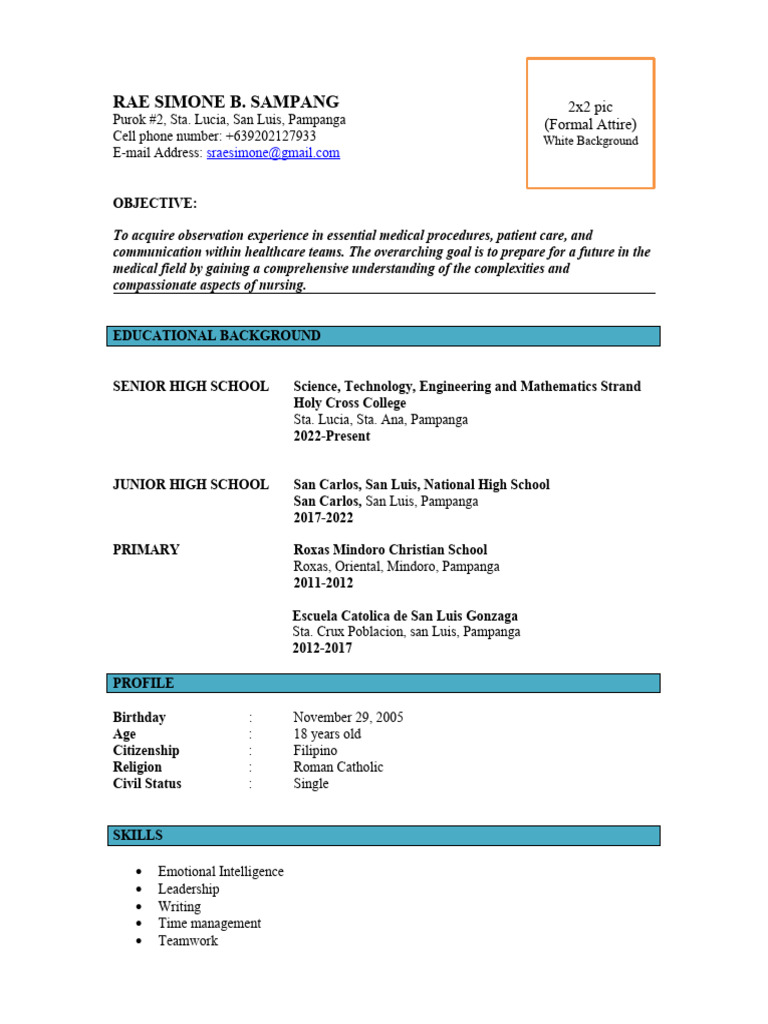 Resume Template For Work Immersion | Download Free PDF | Health Care