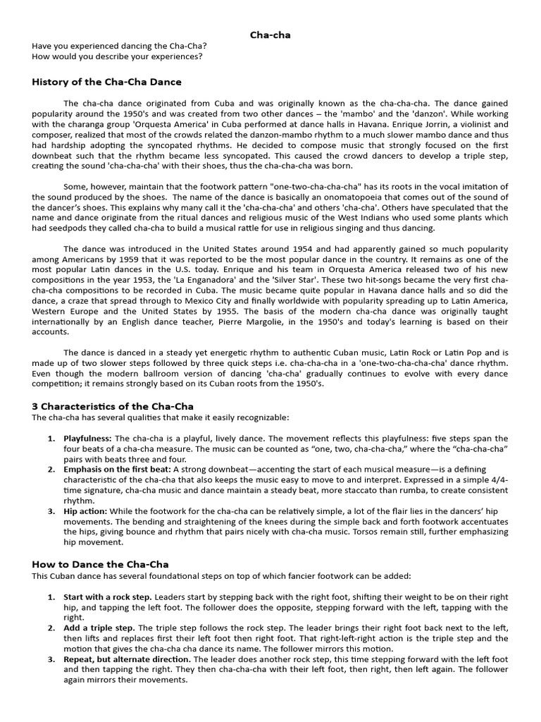 Cha-cha | PDF | Entertainment | Competitive Dance