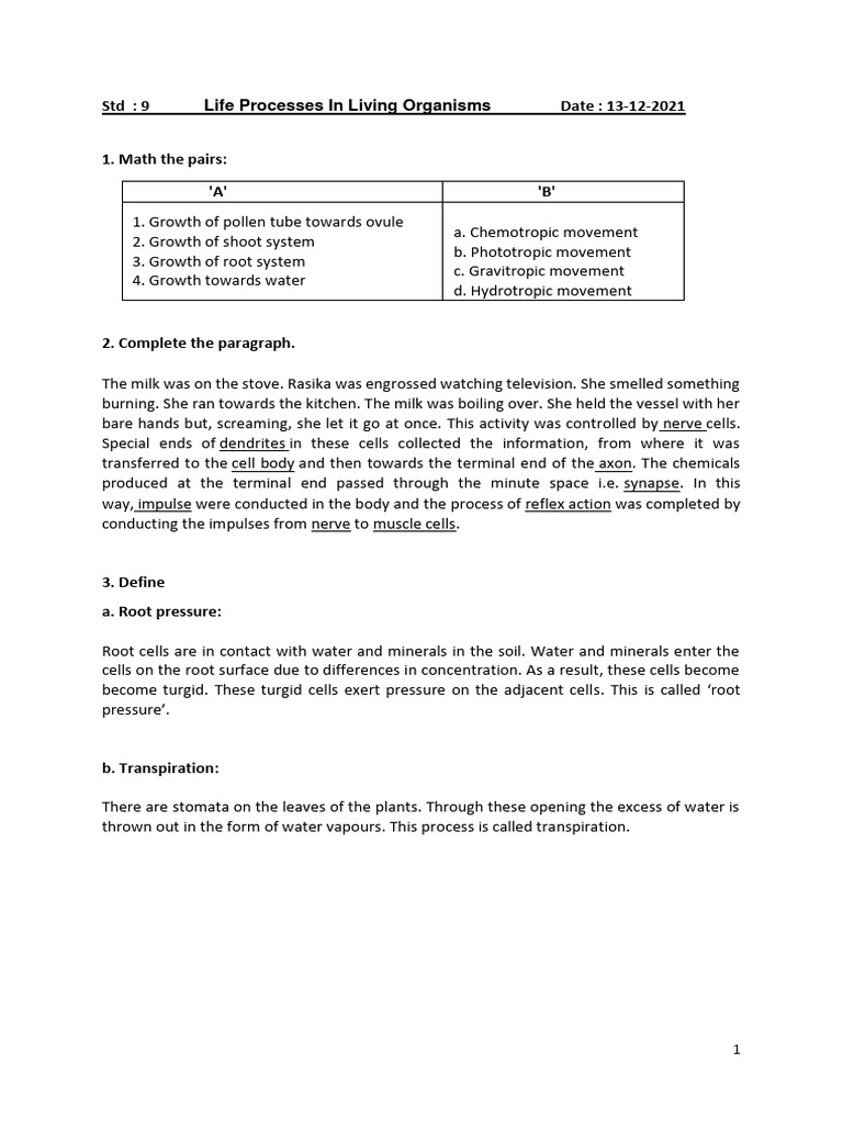 Std.9 - CH 5 Life Processes in Living Organisms | PDF