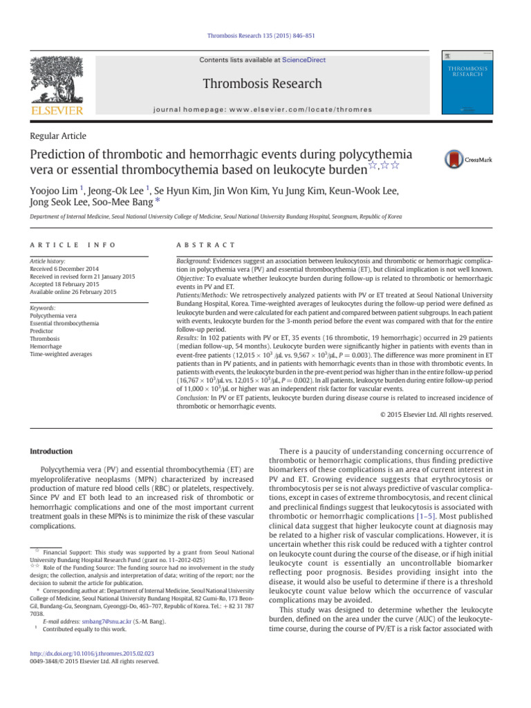 Prediction of Thrombotic and Hemorrhagic Events During Polycythemia TR ...