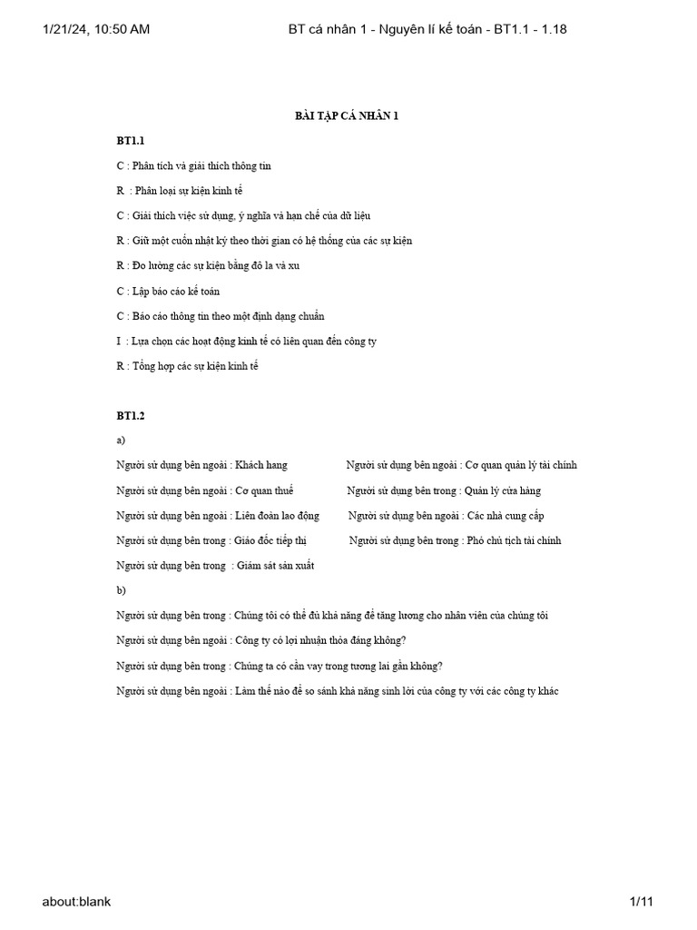 Nguyên lí kế toán - BT1.1 - 1.18 | PDF