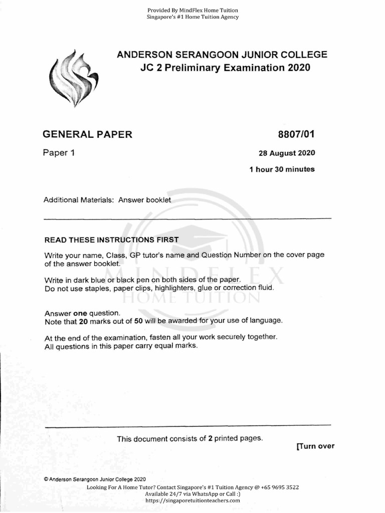 JC H1 GP 2020 Free Test Paper - Editable | PDF
