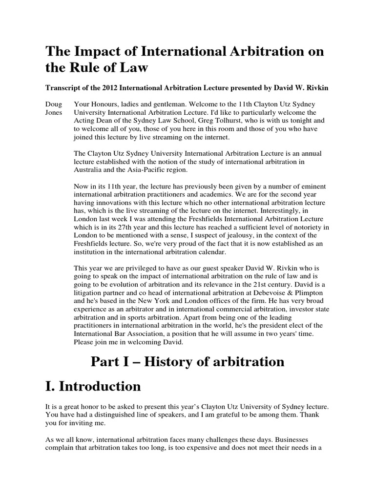 David Rivkin The Impact of International Arbitration On The Rule of Law ...