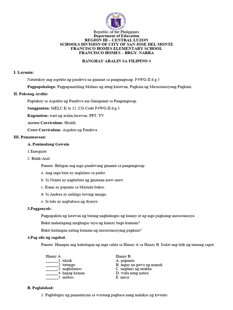 COT 2 - LESSON PLAN Filipino Mga Uri NG Pangungusap (AutoRecovered) | PDF