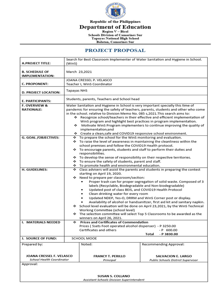 Wins Proposal 2024 | PDF | Sanitation | Teachers
