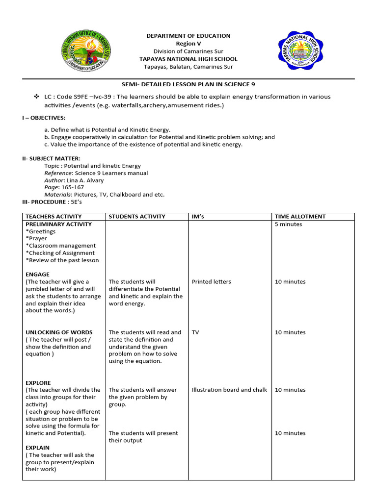 Lesson Plan: Potential & Kinetic Energy | PDF | Kinetic Energy | Teachers