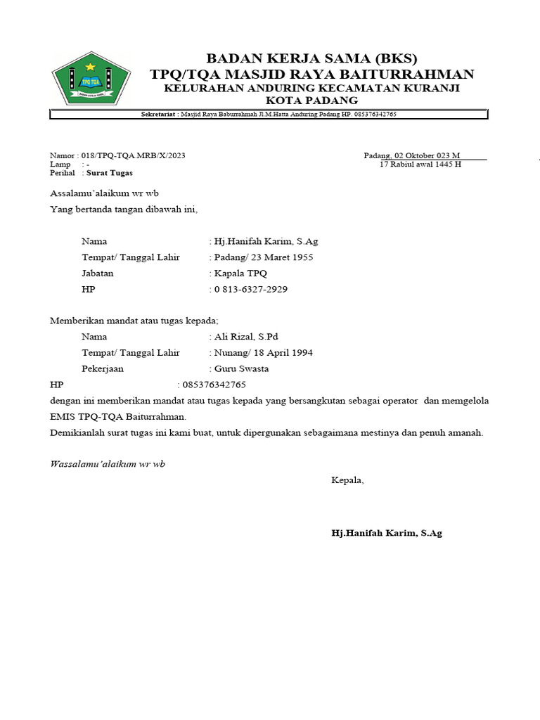 SURAT TUGAS Operator Emis | PDF