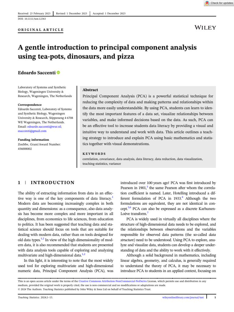 Teaching Statistics - 2024 - Saccenti - A gentle introduction to principal component analysis ...