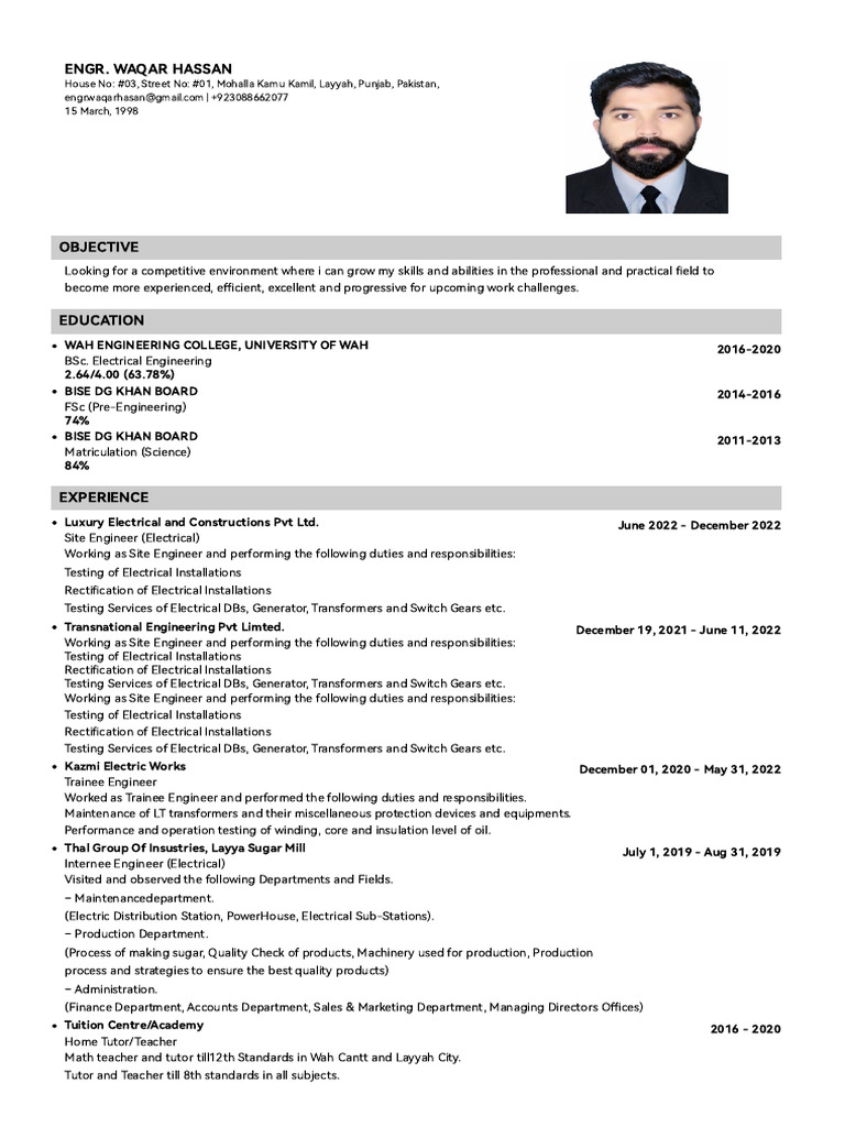 Engr. Waqar Hassan CV | PDF | Electrical Network | Electronic Filter