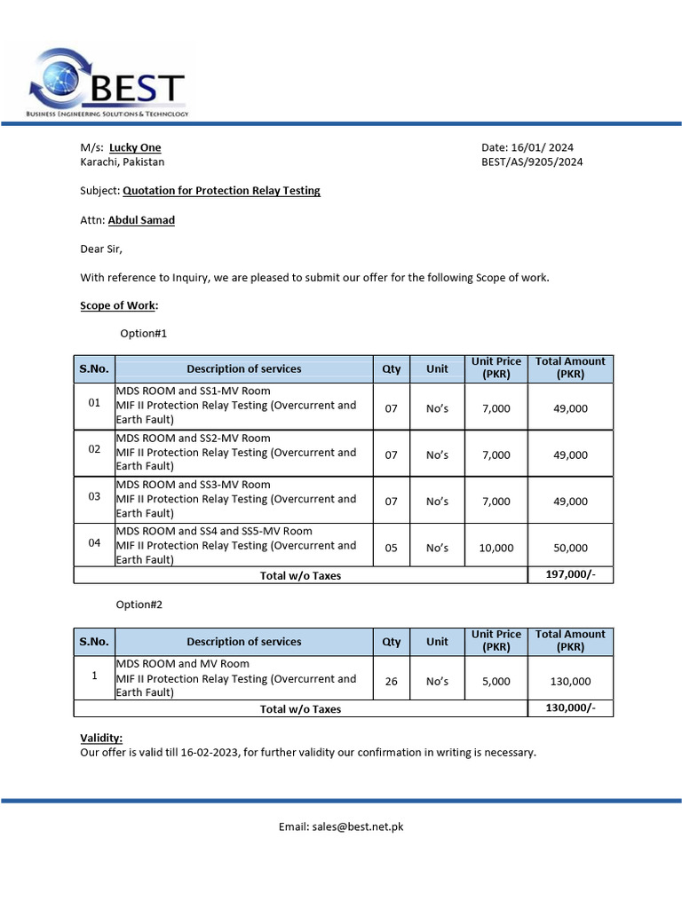 Quotation-Protection Relay Testing Services | PDF | Business Law ...
