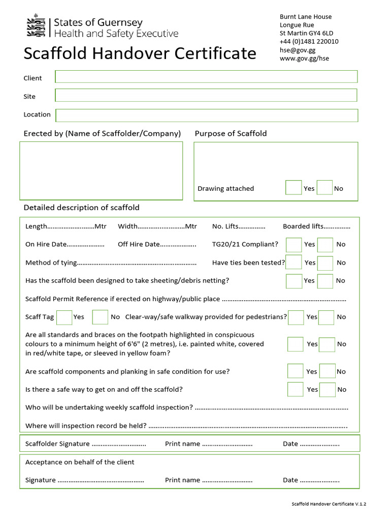 Scaffold Handover Certificate V 1.21 | PDF | Scaffolding | Risk