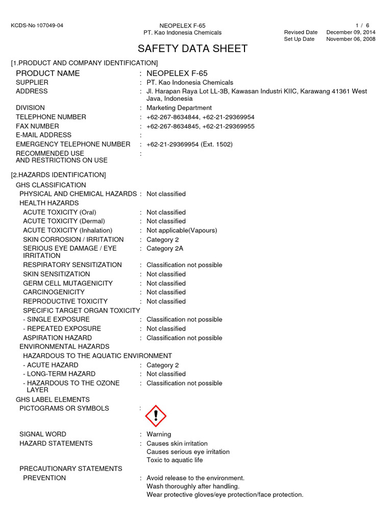SDS Linear Alkylbenzene Sulfonate (NEOPELEX F65) | PDF | Toxicity ...