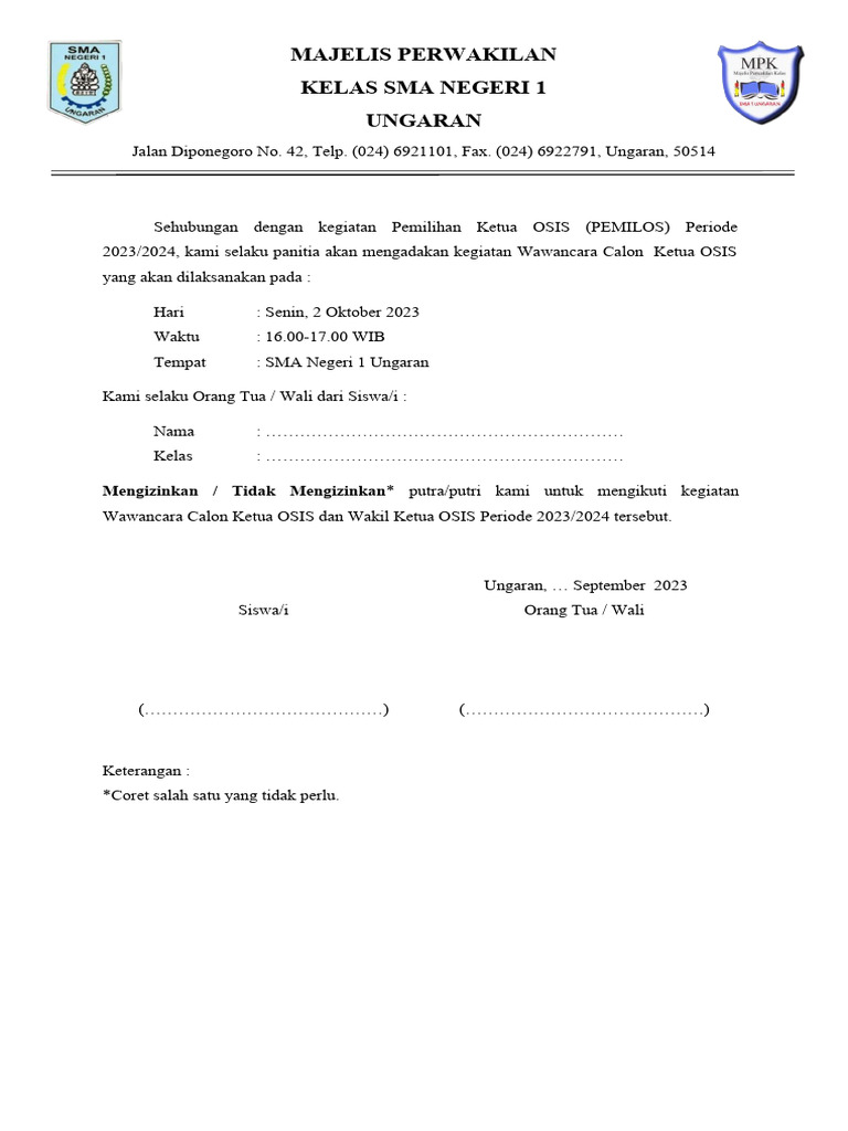 Surat Izin Ortu Senin | PDF | Olahraga & Rekreasi