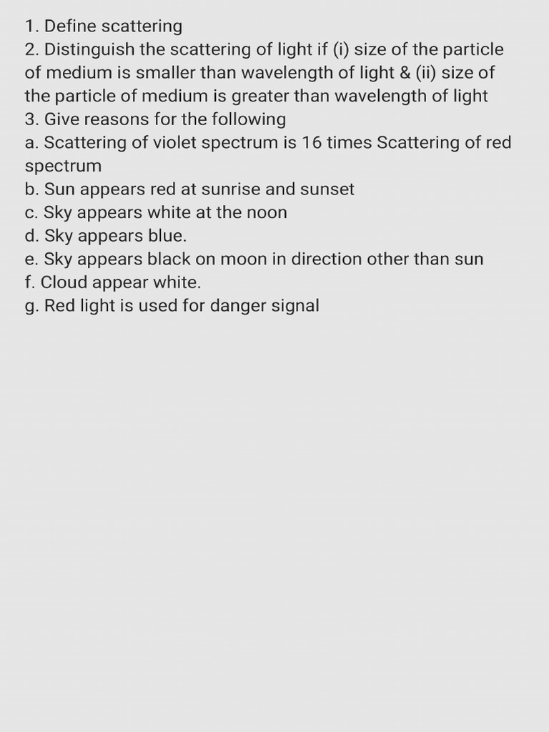 X Icse Phy 6 C Scattering of Light Questionnaire - 220517 - 122533 | PDF