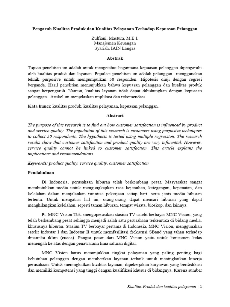 Pengaruh Kualitas Produk Dan Kualitas Pelayanan Terhadap Kepuasan Pelanggan | PDF