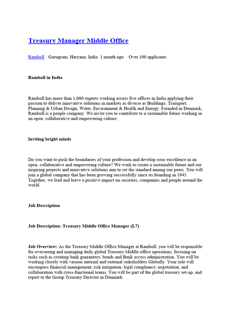 Treasury Manager Middle Office Ramboll | PDF | Regulatory Compliance ...